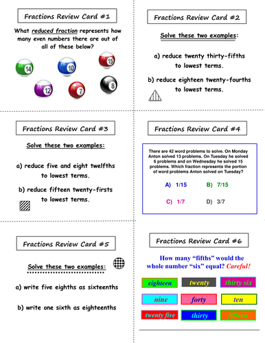 Fractions Review Cards (36 cards) | Teaching Resources