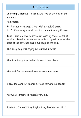 Full Stops Worksheets | Teaching Resources