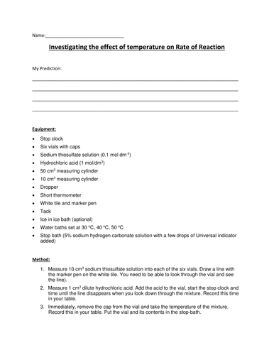 GCSE Rate of Reaction- Effect of Temperature | Teaching Resources