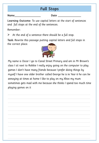 Full Stops and Capital Letters Worksheets | Teaching Resources