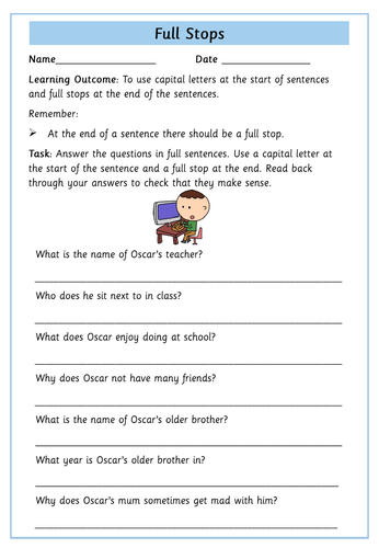 Full Stops and Capital Letters Worksheets | Teaching Resources