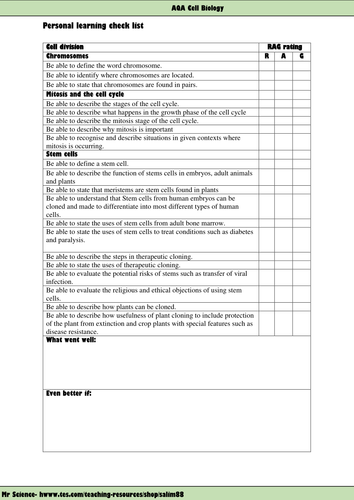 AQA Cell biology check list and marking sheet | Teaching Resources