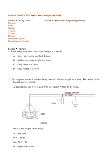 Revision Test-IGCSE Physics/ Mass, Weight and Density and Answer Key ...