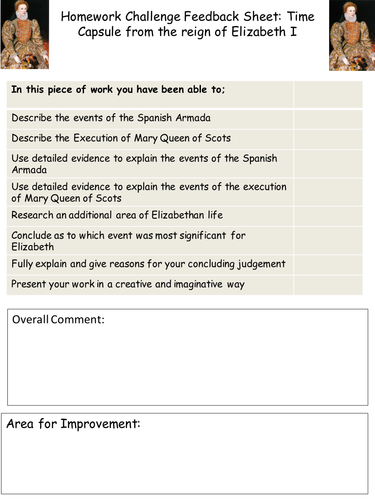 Elizabethan England Homework Challenge Project | Teaching Resources