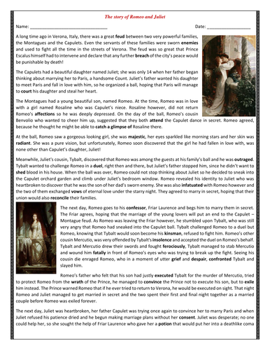 The Story of Romeo and Juliet - Reading Comprehension Worksheet ...