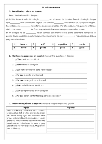 Spanish KS3 La Ropa: Clothes & School uniform vocabulary, reading ...