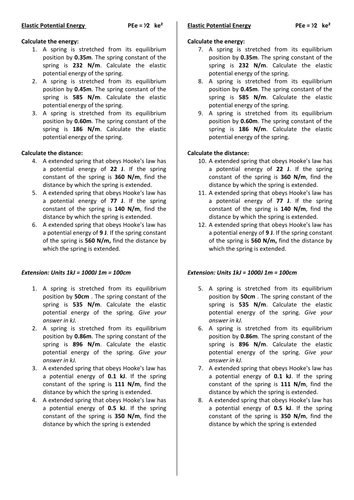 Elastic Potential Energy Questions | Teaching Resources