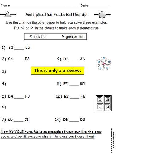 Multiplication Facts BATTLESHIP with Greater Than Less Than | Teaching ...