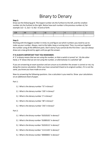 Binary and Denary/Decimal Simple Homework Task | Teaching Resources Binary and Denary/Decimal Simple Homework Task | Teaching Resources