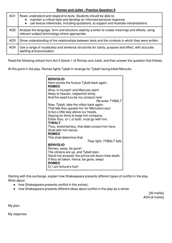 Romeo & Juliet - Practice Exam Questions with Assessment Objectives ...