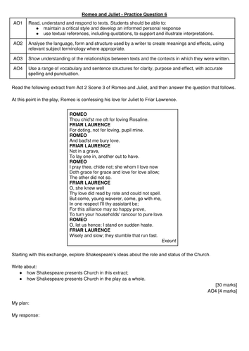 Romeo & Juliet - Practice Exam Questions with Assessment Objectives ...