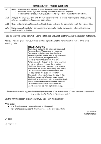 Romeo & Juliet - Practice Exam Questions with Assessment Objectives ...