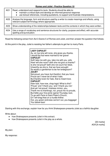 Romeo & Juliet - Practice Exam Questions with Assessment Objectives ...