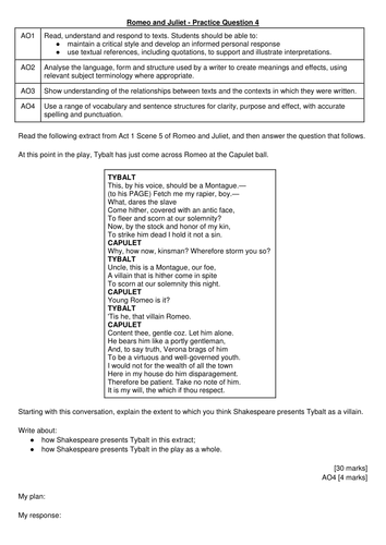 Romeo & Juliet - Practice Exam Questions with Assessment Objectives ...