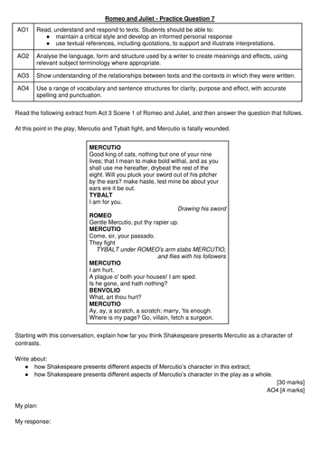Romeo & Juliet - Practice Exam Questions with Assessment Objectives ...
