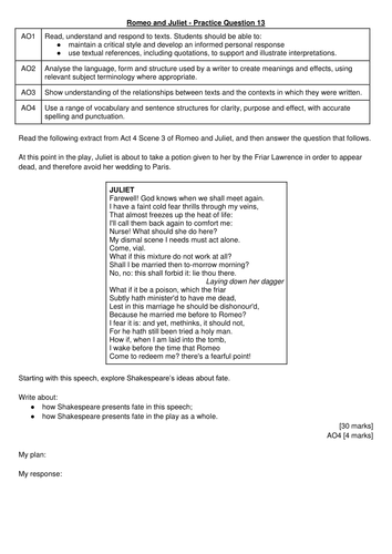 Romeo & Juliet - Practice Exam Questions with Assessment Objectives ...