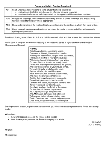 Romeo & Juliet - Practice Exam Questions with Assessment Objectives ...