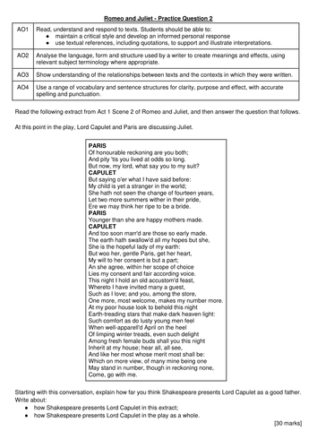 Romeo & Juliet - Practice Exam Questions with Assessment Objectives ...