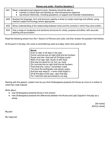 Romeo & Juliet - Practice Exam Questions with Assessment Objectives ...