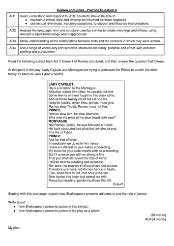 Romeo & Juliet - Practice Exam Questions with Assessment Objectives ...