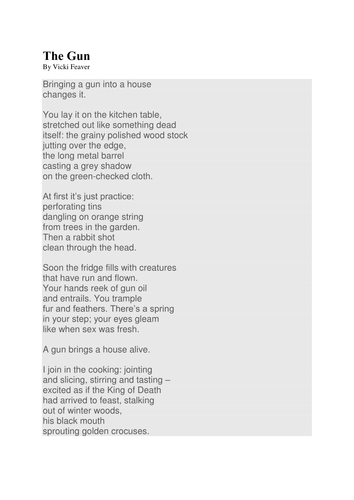 Poem Analysis - 'The Gun' by Vicki Feaver | Teaching Resources