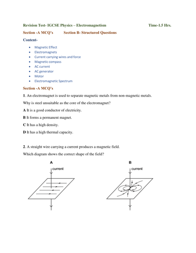 Revision Test- IGCSE Physics – Electromagnetism, Electromagnetic ... Revision Test- IGCSE Physics – Electromagnetism, Electromagnetic ...