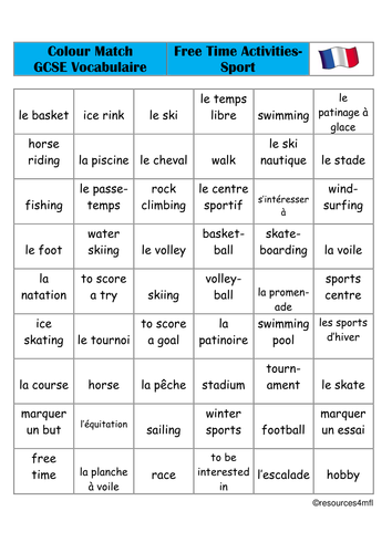 GCSE FRENCH - Free Time Activities - Sport - COLOUR MATCH | Teaching ...