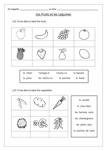 FRENCH - Fruit and vegetables - Les Fruits et les Légumes - Worksheets ...