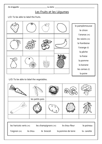 FRENCH - Fruit and vegetables - Les Fruits et les Légumes - Worksheets ...