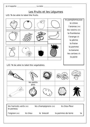 FRENCH - Fruit and vegetables - Les Fruits et les Légumes - Worksheets ...