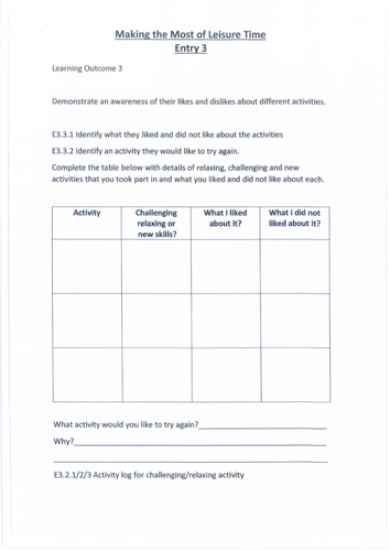 ASDAN PSD Making the most of leisure time Entry level 3 | Teaching ...