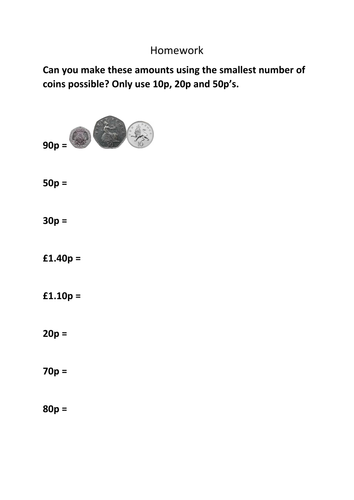 Money homework- Giving the correct change and creating the correct ...