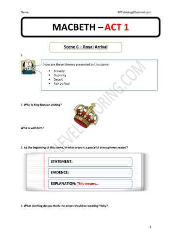 SHAKESPEARE: MACBETH - ACT 1. Scene 6 and 7 --- question and activities ...
