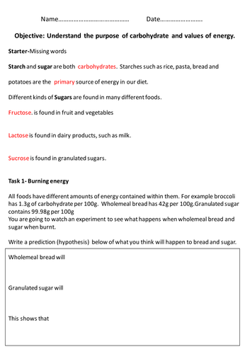 Carbohydrate and energy experiment lesson. Food Preparation and ...