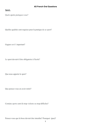 AS French Oral Questions | Teaching Resources