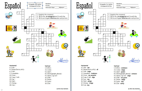 Spanish Irregular Yo Form Verbs Crossword and Image IDs Worksheet ...