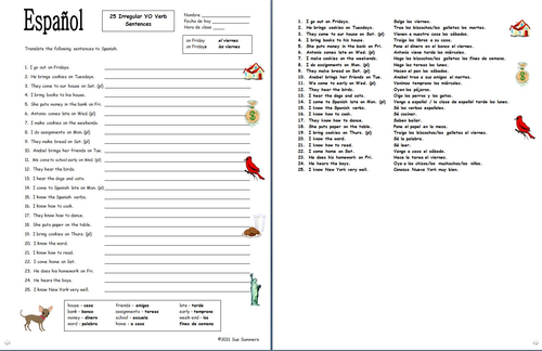Spanish Irregular Yo Verbs with Days of the Week 25 Translations ...