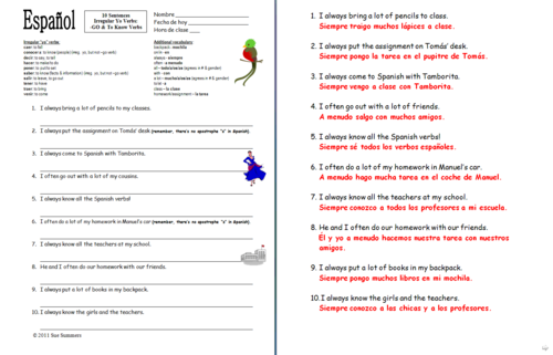 Spanish Irregular Yo Verbs and Adverbs 10 Sentences | Teaching Resources