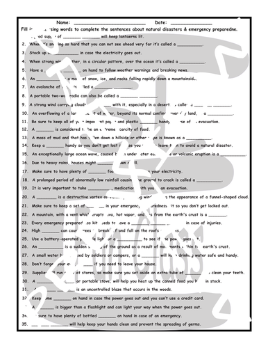 Natural Disasters and Emergency Preparedness 1 Page BW Worksheet ...