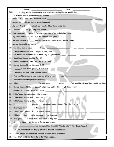 Like versus Would Like 1 Page BW Worksheet | Teaching Resources