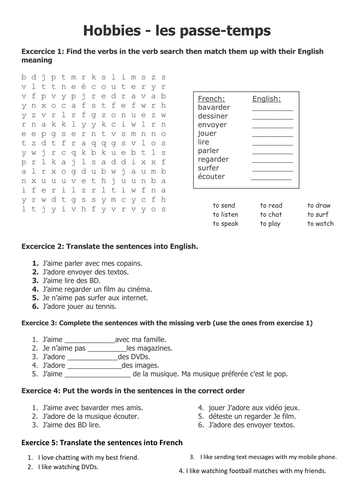 Hobbies practice worksheet for French beginners ( Allez 1 Unit 3 - a la ...