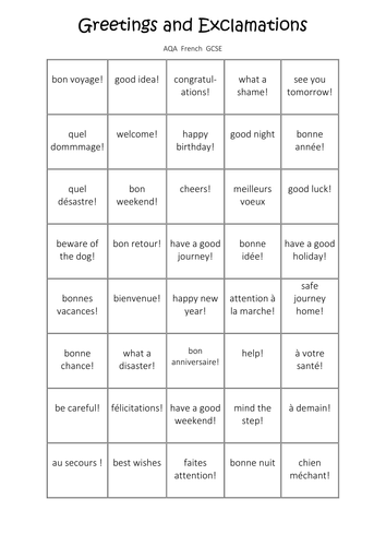 GCSE FRENCH -Greetings and Exclamations - COLOUR MATCH | Teaching Resources