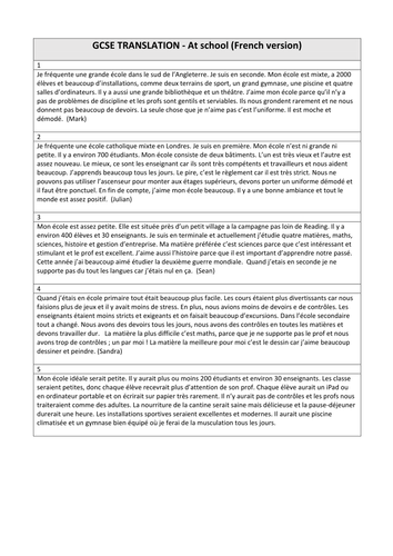 GCSE French translation on school with solution and pre-translation ...