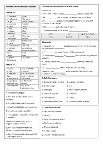 GCSE French translation on school with solution and pre-translation ...