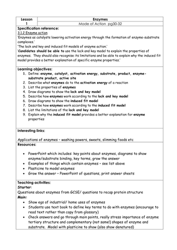 AS Biology Enzymes (Resources, practical ideas, assessments and lesson ...