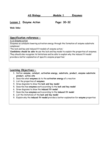 AS Biology Enzymes (Resources, practical ideas, assessments and lesson ...