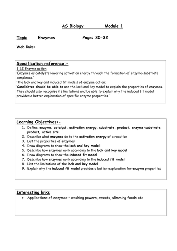 AS Biology Enzymes (Resources, practical ideas, assessments and lesson ...