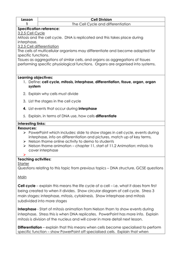 A Level Biology - Cell Cycle (Lesson materials, assessments and lesson ...