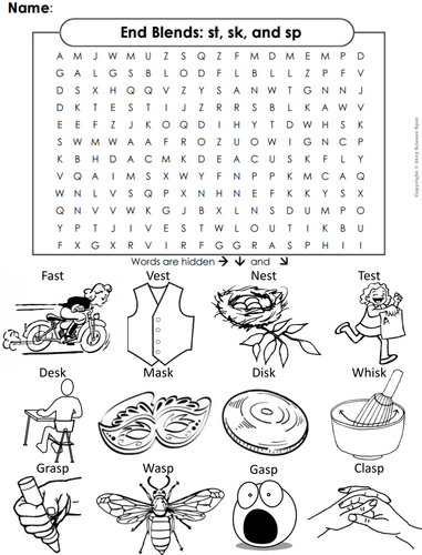 Ending Sounds Word Search: st, sk, and sp (End Blends) | Teaching Resources