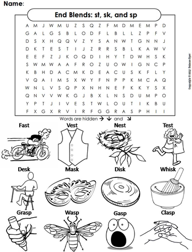Ending Sounds Word Search: st, sk, and sp (End Blends) | Teaching Resources
